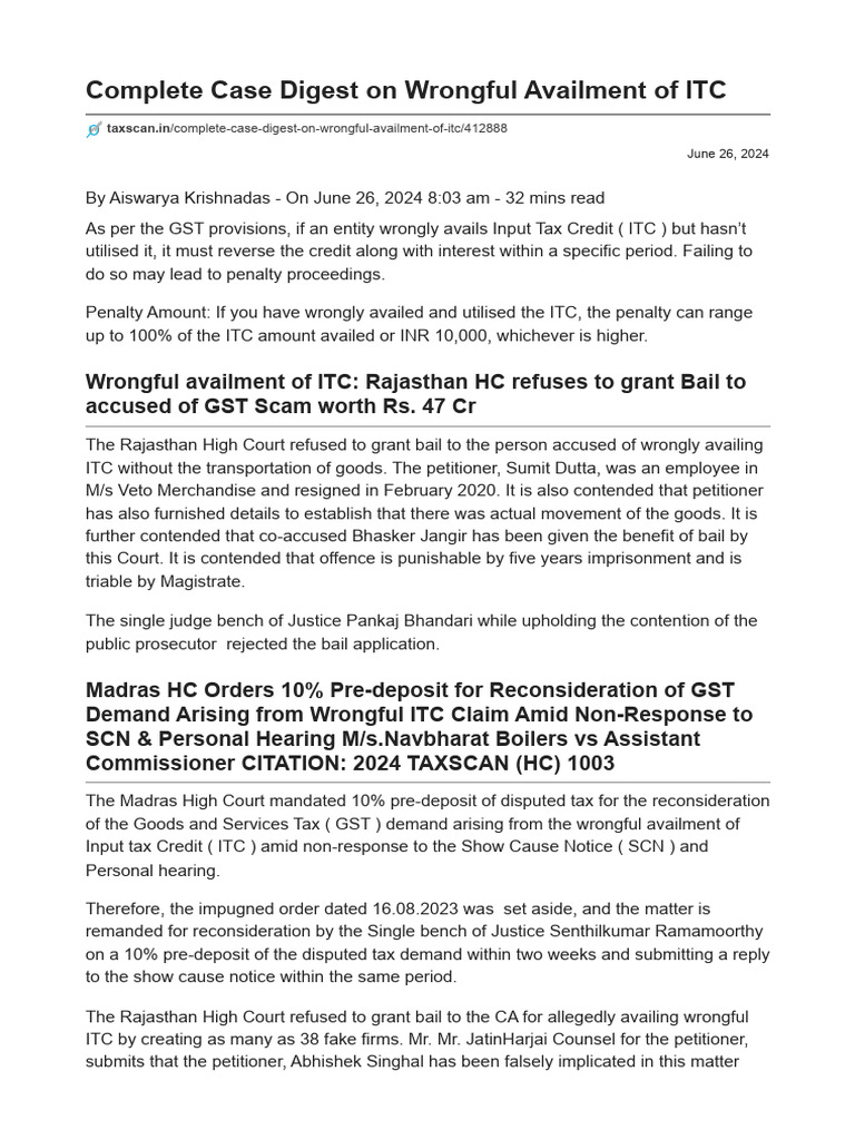 Wrongful ITC Availment Case Digest | PDF | Bail | Public Law