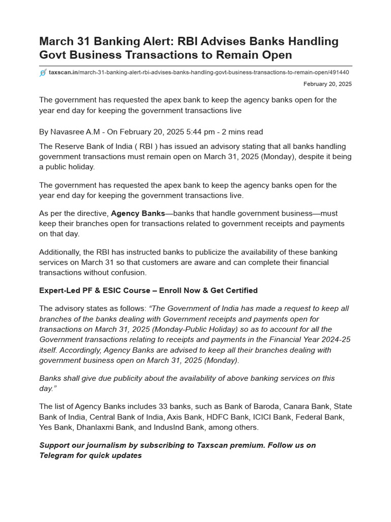 March 31 Banking Alert - RBI Advises Banks Handling Govt Business ...