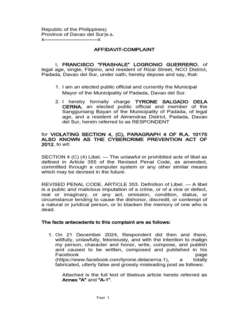 Cyber Libel Complaint in Davao Sur | PDF | Defamation | Crimes