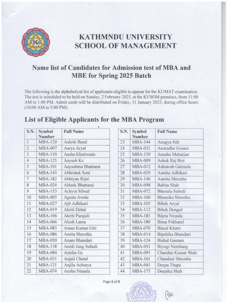 KUSOM MBA MBE Admission Test Candidates | PDF