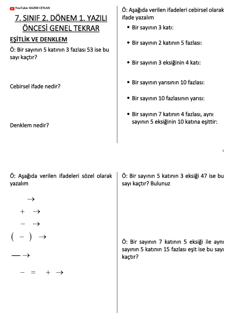 7.sinif Matematik 2. Donem 1.yazili Oncesi Genel Tekrar Sorulari | PDF