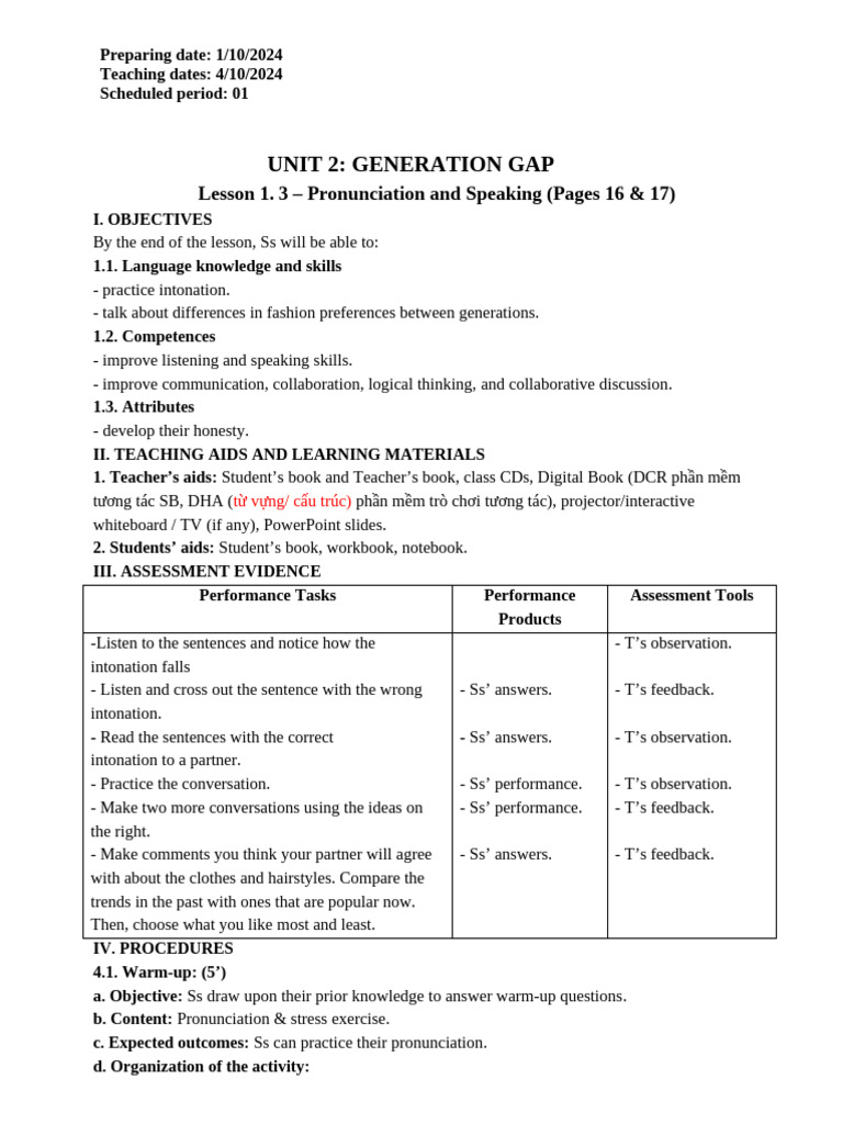 Unit 2 - Lesson 1.3 - Pronun - Speaking - Pages 16 - 17 | PDF | Stress ...