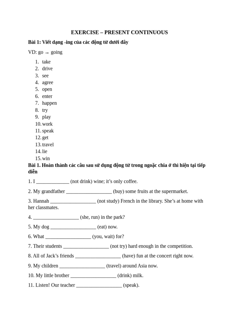 Present Continuous Exercise Worksheet | PDF