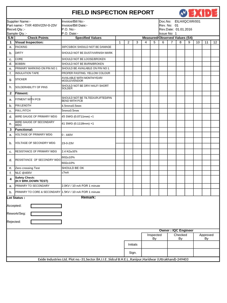 Field Inspection Report for Electrical Parts | PDF | Printed Circuit ...
