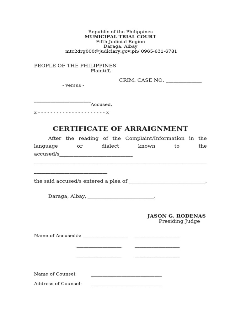 Certificate of Arraignment - Template | PDF