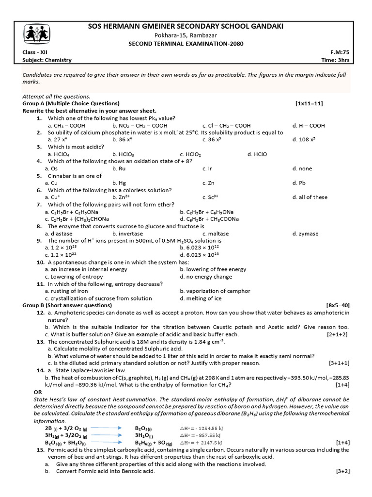 Sample Question Set From Iind Term 2080 | PDF | Acid | Chemical Reactions