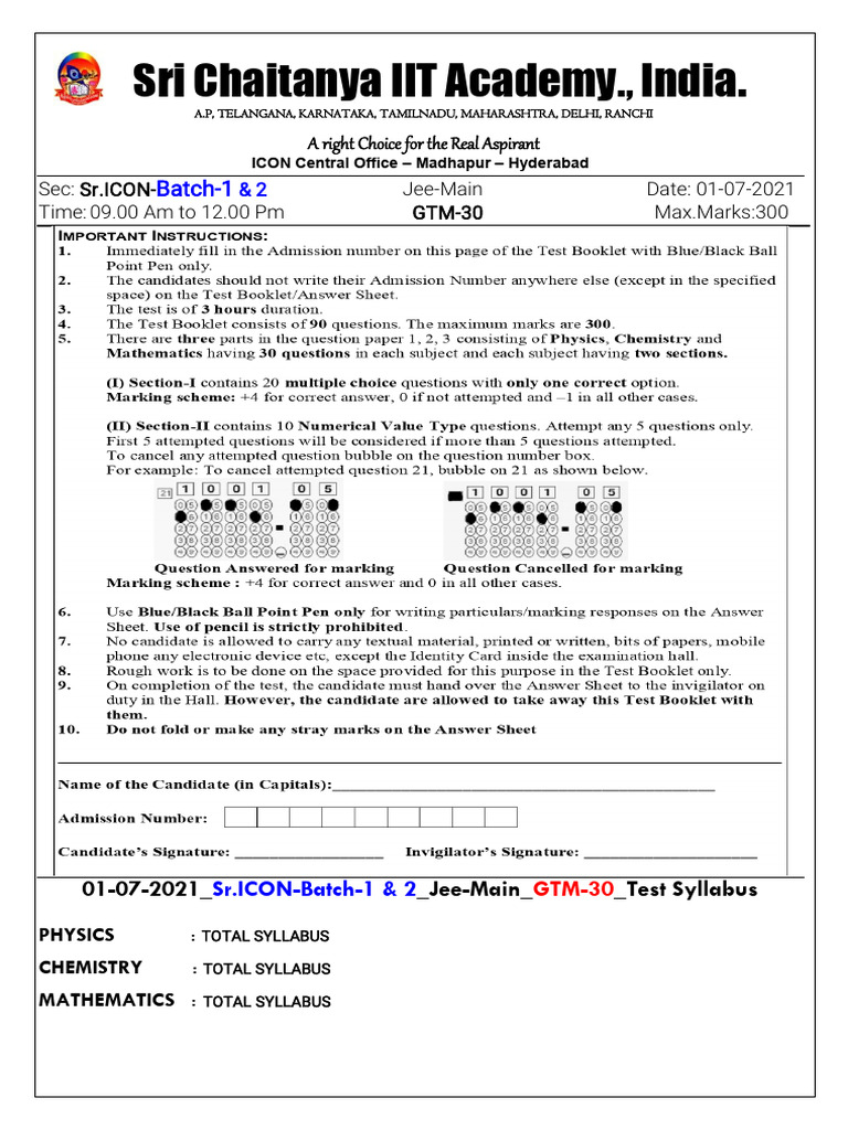 01-07-21 - SR - ICON-BT-I & B-2 - Jee-Main - GTM-30 - Q.Paper | PDF | Gases