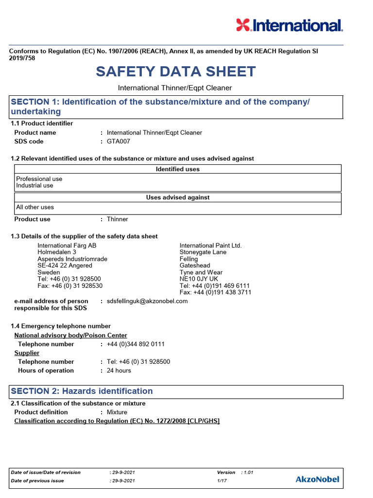 International Thinner Safety Data Sheet | PDF | Firefighter | Personal ...