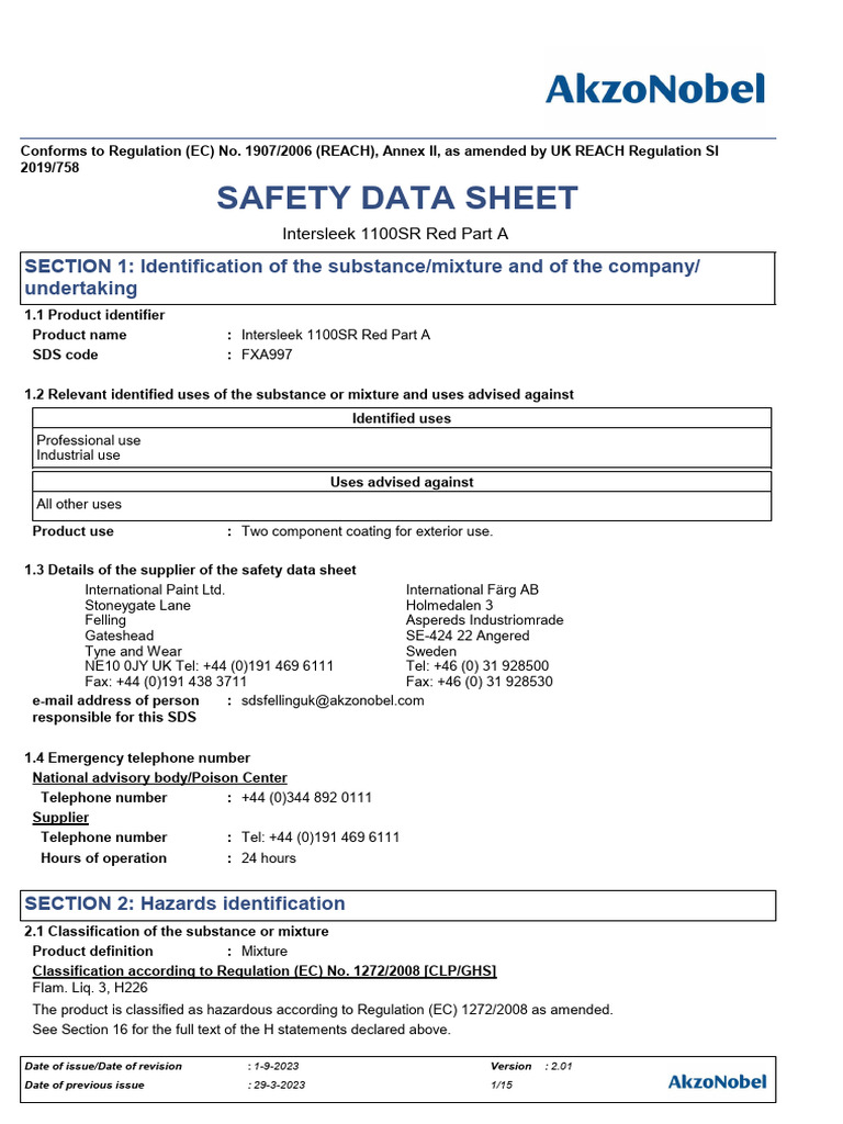 Intersleek 1100SR Red Part A SDS | PDF | Waste | Firefighter