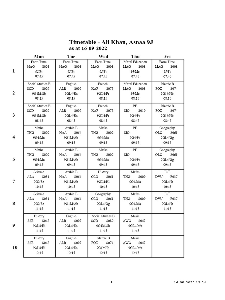 9J Class Timetable Overview | PDF
