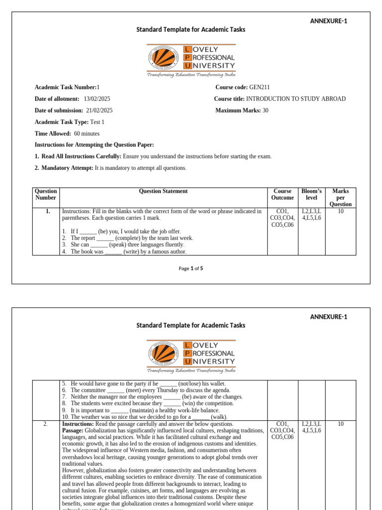 CA1 SAMPLE Question Paper | PDF | Globalization | Society