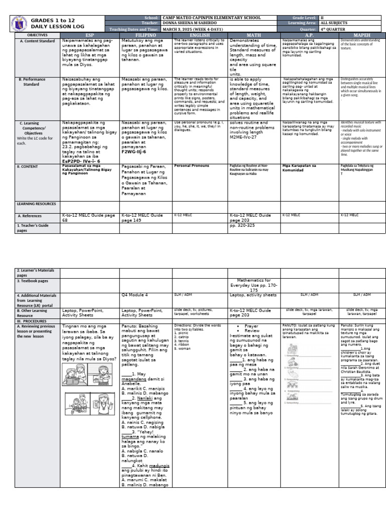 Dll All-subjects-2 q4 w4 d1 | PDF