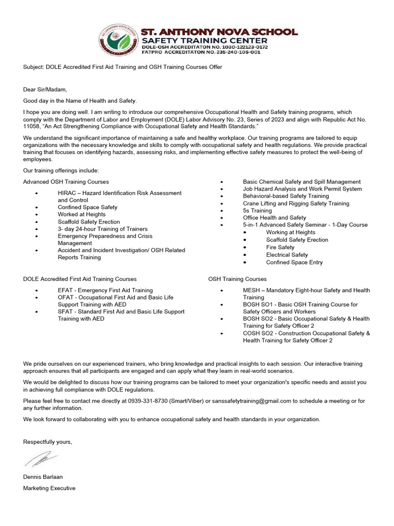 Letter For OSH Trainings | PDF | Occupational Safety And Health | Safety