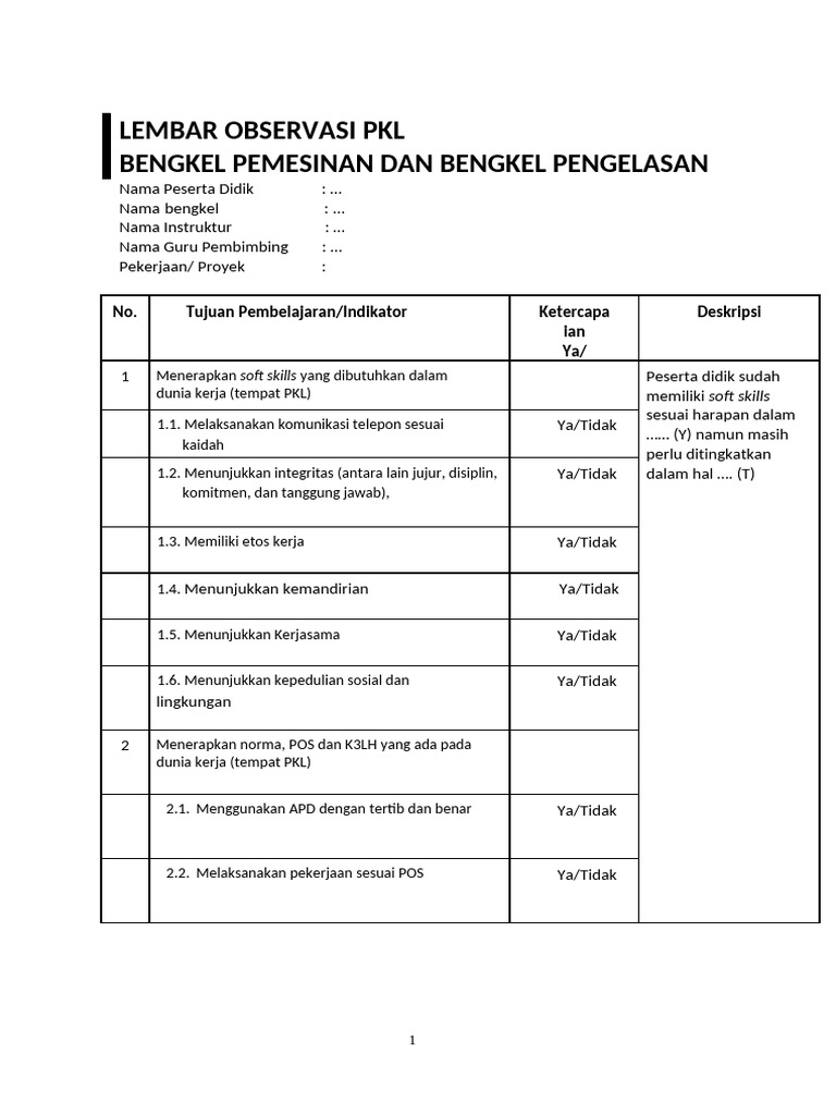 Lembar Observasi PKL | PDF