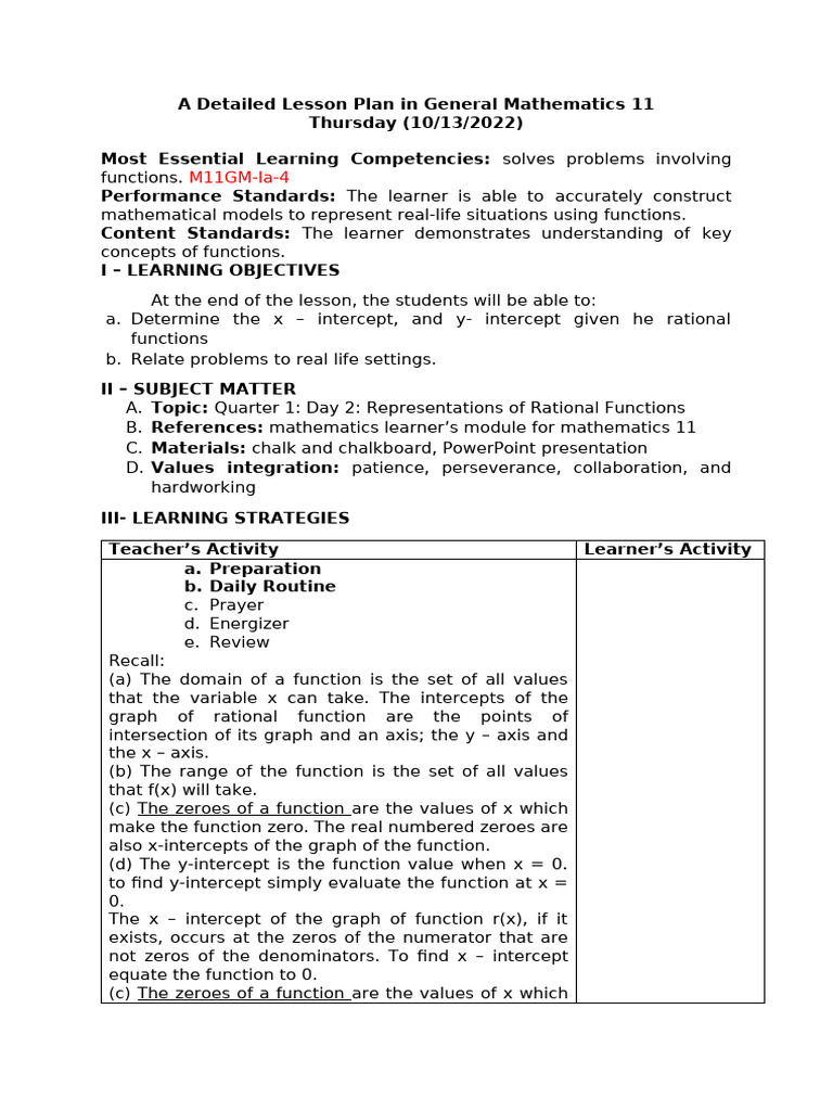 A Detailed Lesson Plan in Gen. Mathematics 11 Monday | PDF | Asymptote | Function (Mathematics)