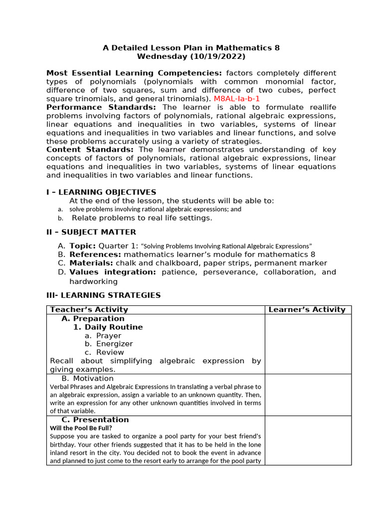 A Detailed Lesson Planin Mathematics 8 MONDAY | PDF | Equations ...