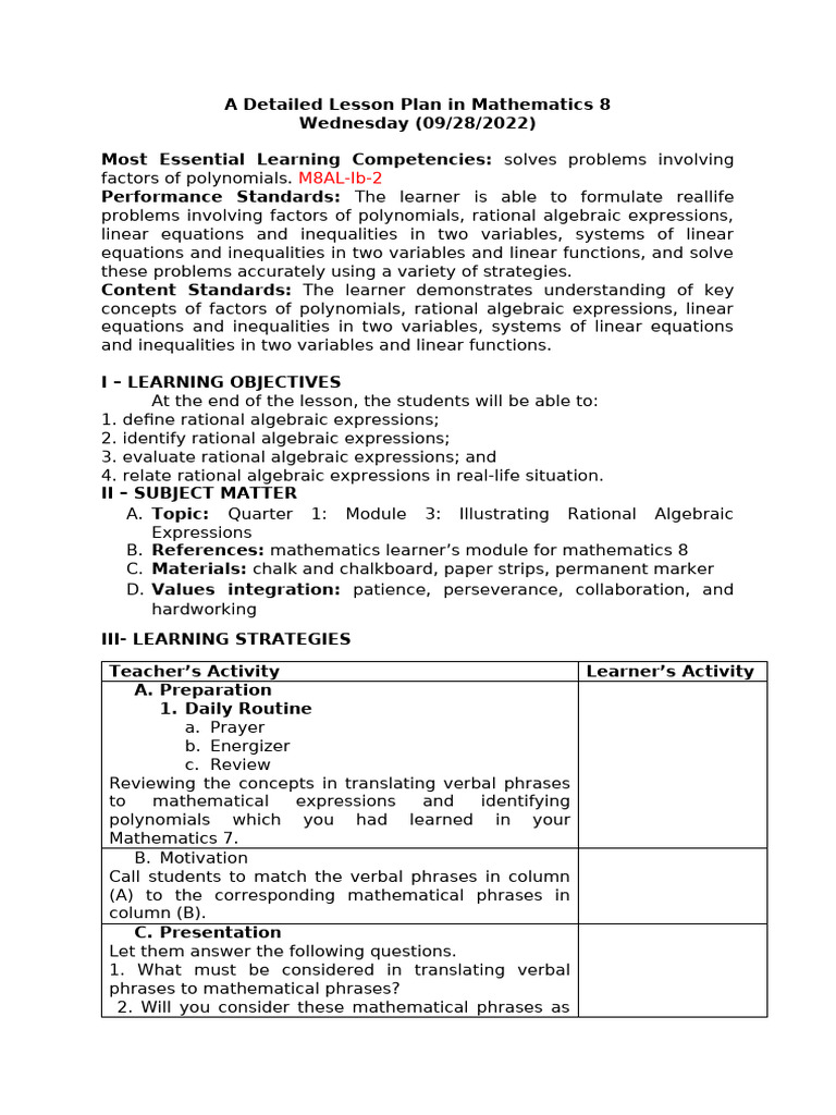 Lesson Plan: Rational Algebraic Expressions | PDF | Polynomial | Equations