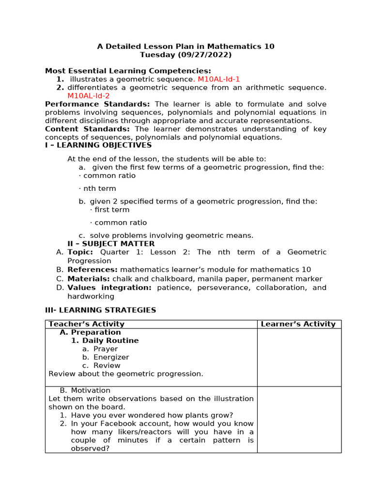 A Detailed Lesson Planin Mathematics 10 Tuesday | PDF | Learning | Mathematics