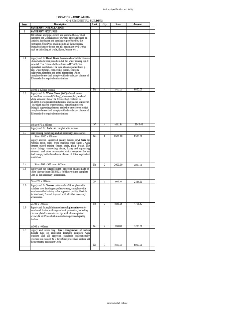 G+2sn Specicifaction For Sahilemariyam Priced | PDF | Pipe (Fluid Conveyance) | Valve
