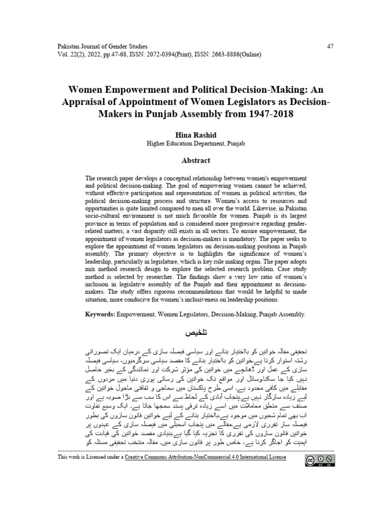 Women Empowerment and Political Decision Making An Appraisal of Appointment of Women Legislators ...