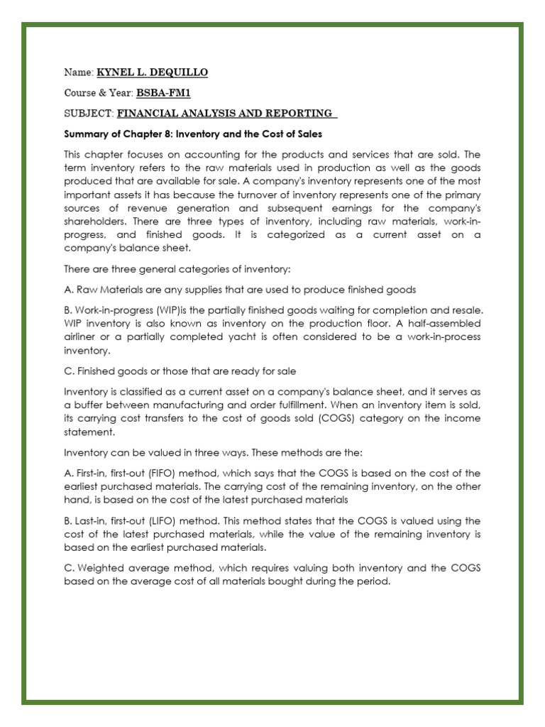 Dequillo PFM 102 Summary Chapter 8 | PDF | Inventory | Cost Of Goods Sold