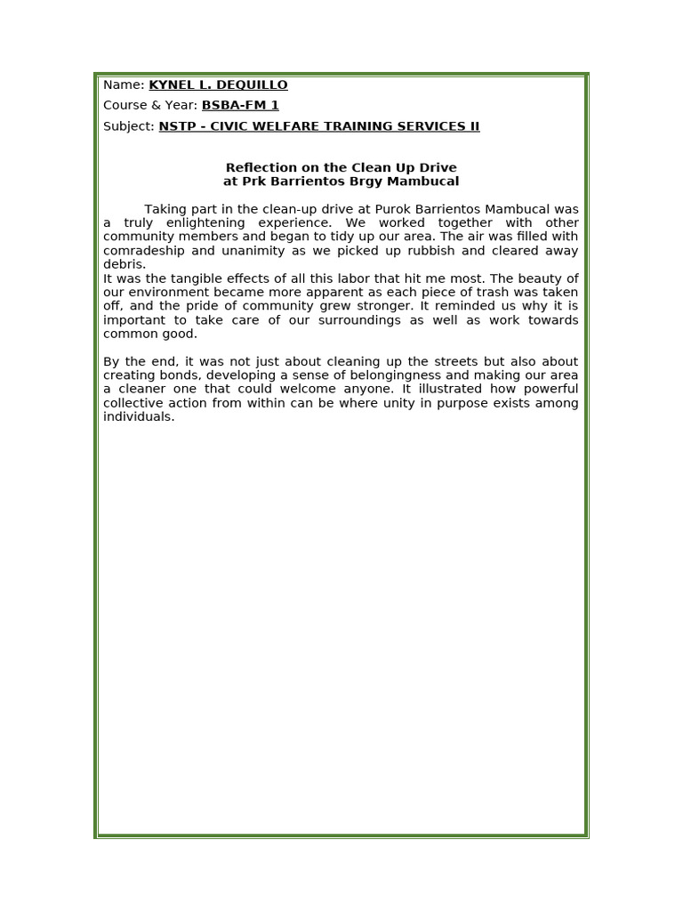 Dequillo Nstp Reflection 2 Clean Up Drive Purok Barrientos | PDF