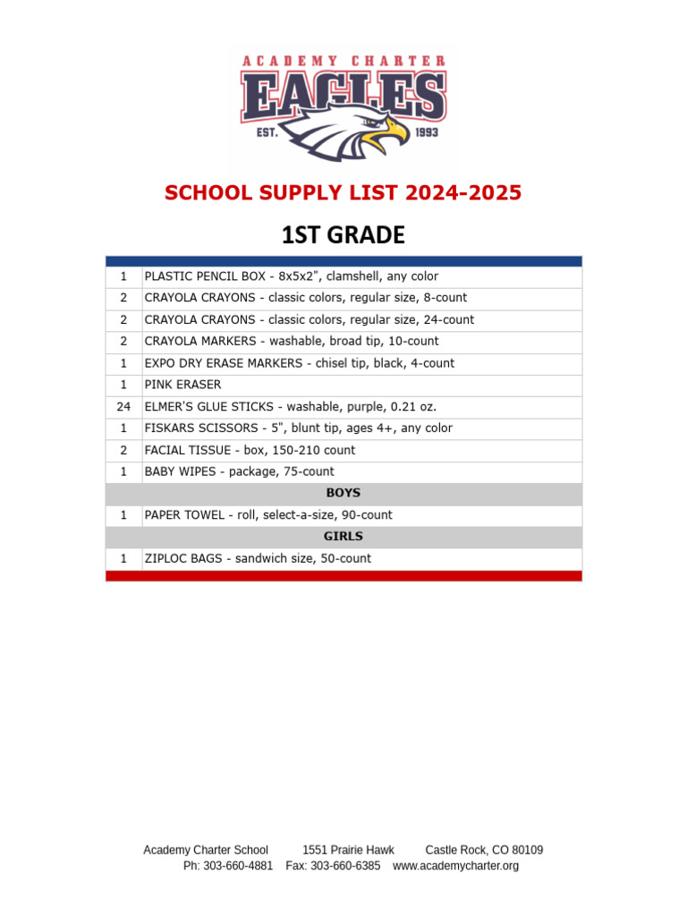 1st Grade School Supply List 2024-2025 | PDF