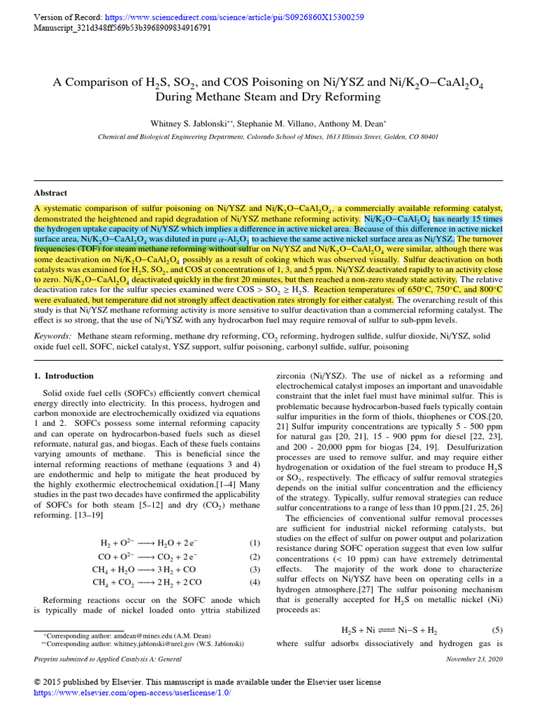 2015 - Whitney S. Jablonski - A Comparison of H2S, SO2 and COS Poisoning On NiYSZ and NiK2O ...