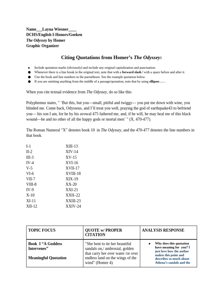 Layna Wiesner Copy of The Odyssey, Graphic Organizer | PDF | Odyssey ...