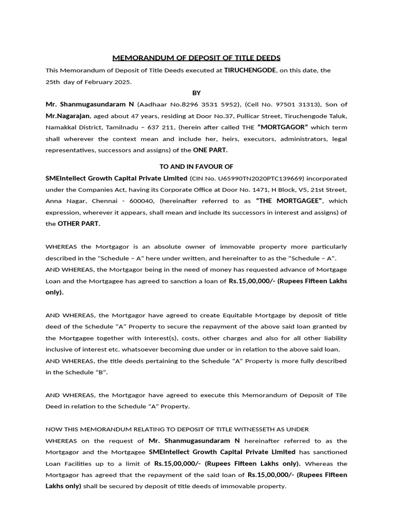 Memorandum of Title Deed Deposit | PDF | Mortgage Law | Liability ...