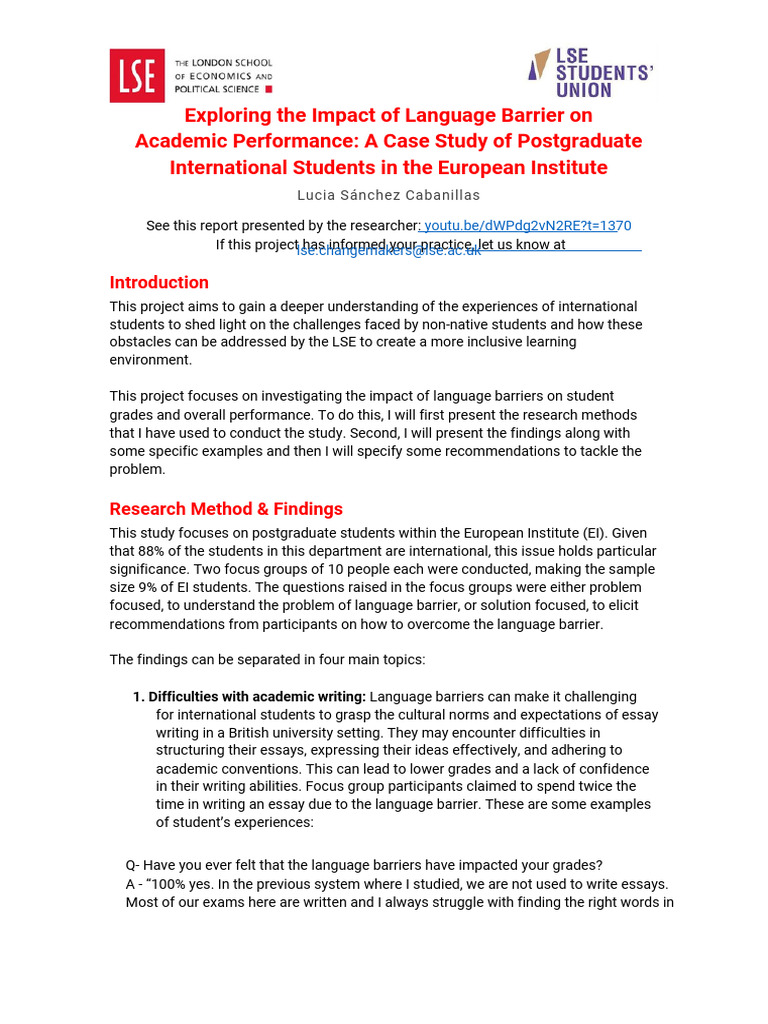 Language Barriers in Postgraduate Studies | PDF | Lecture | Teachers