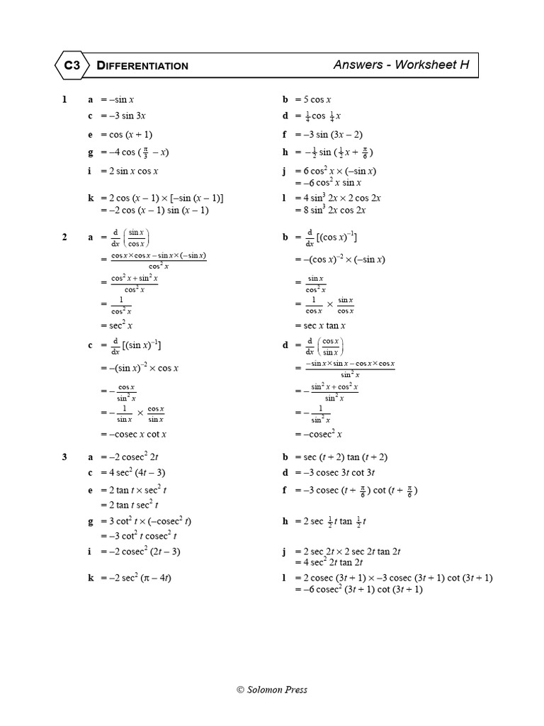 Worksheet H - Differentiating Trigonometric Functions Solutions | PDF | Trigonometric Functions ...