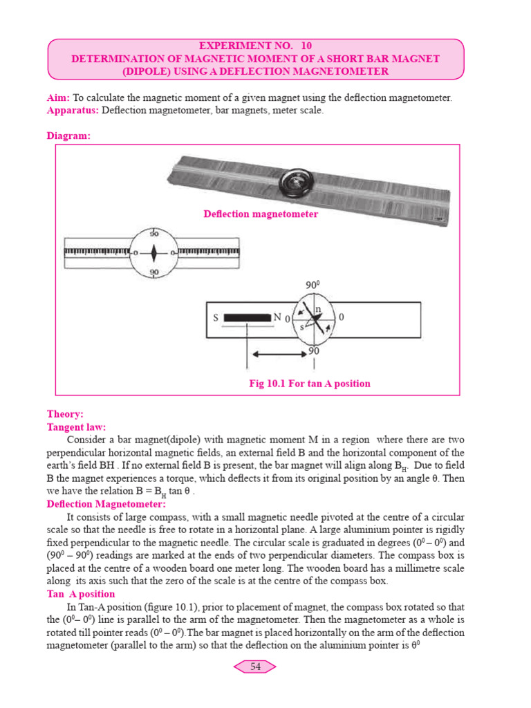 'Experiment No 10 Determination of Magnetic Moment of A Short Bar Magnet (Dipole) Using A ...