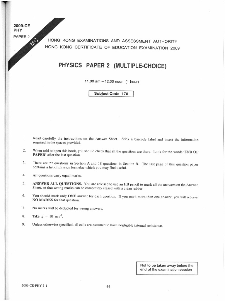 HKCEE Physics - Past Paper 2009 - Paper 2 - MC | PDF