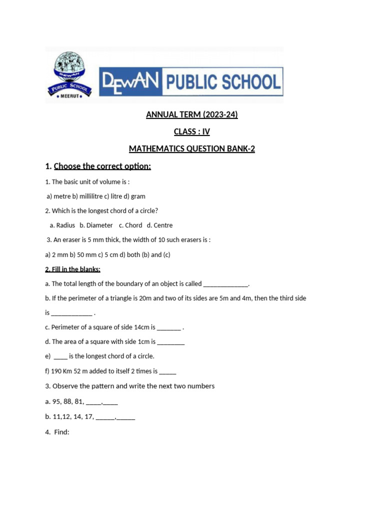 Class IV Mathematics Question Bank 2023-24 | PDF