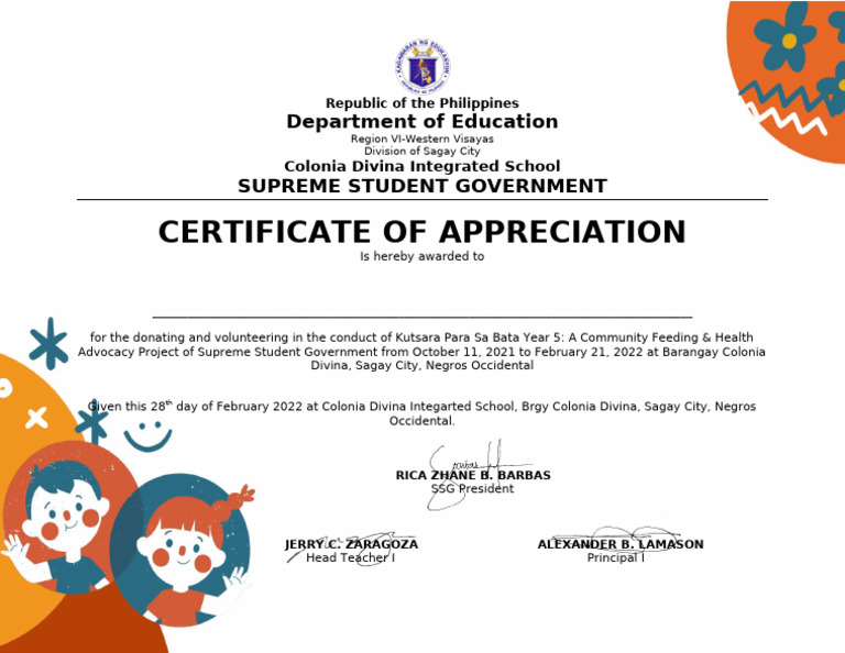 Certificate of Appreciation Feeding | PDF