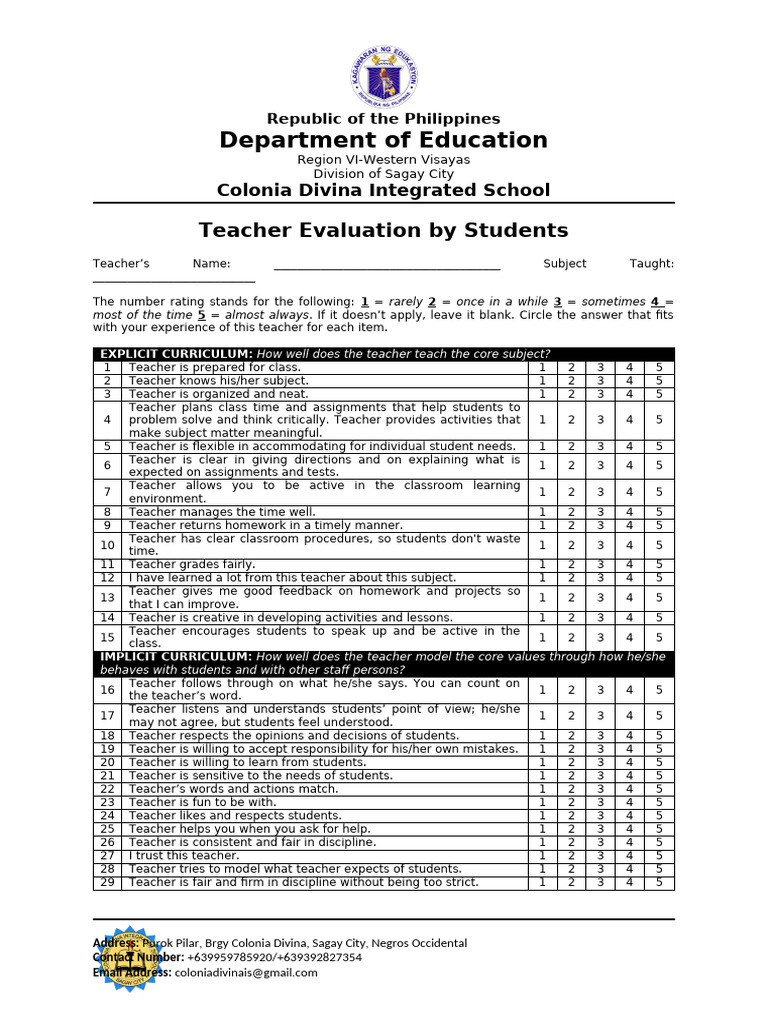 Student Teacher Evaluation Form | PDF | Teachers | Curriculum