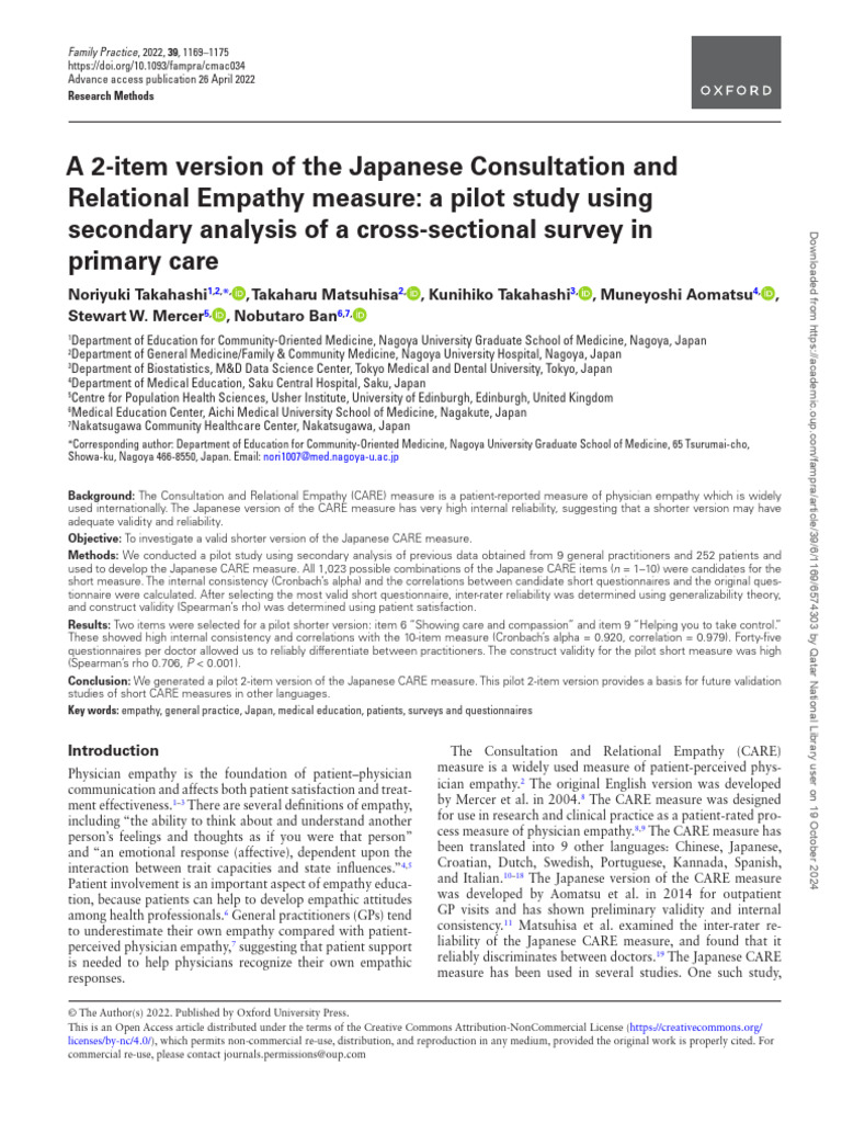 A 2-Item Version of The Japanese Consultation and Relational Empathy ...