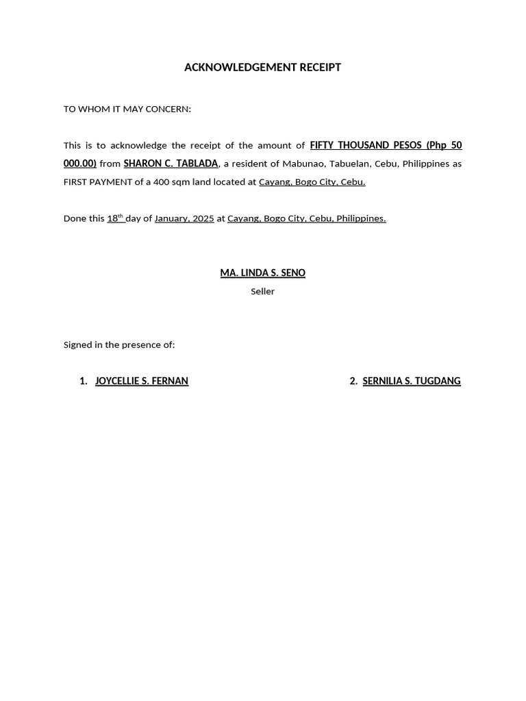Acknowledgment Receipt for Land Payment | PDF