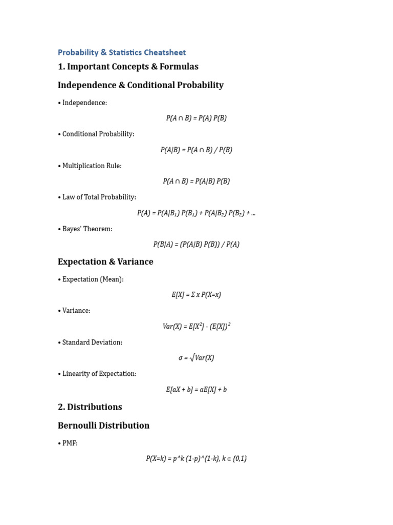 Probability Statistics Cheatsheet Formatted | PDF | Variance | Normal Distribution