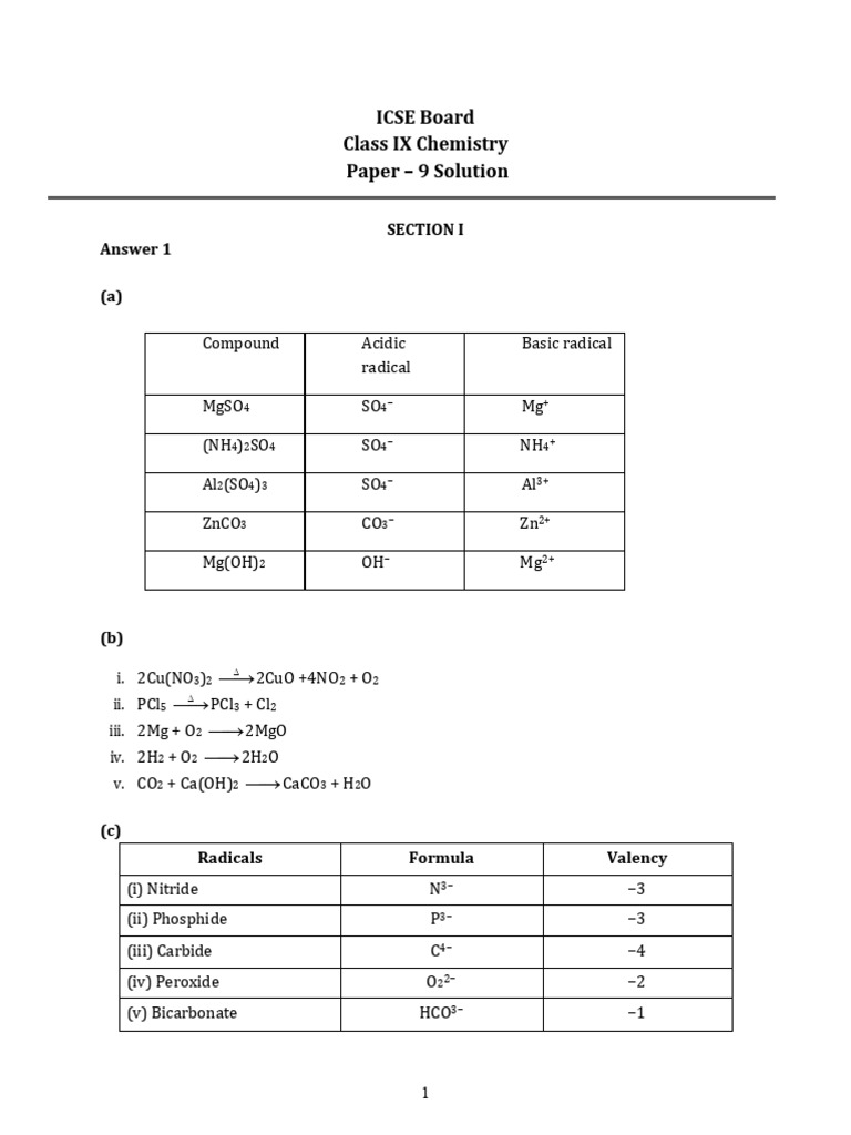 Chemistry 9 Icse Sample Paper 9 Solution | PDF | Atoms | Atomic Nucleus