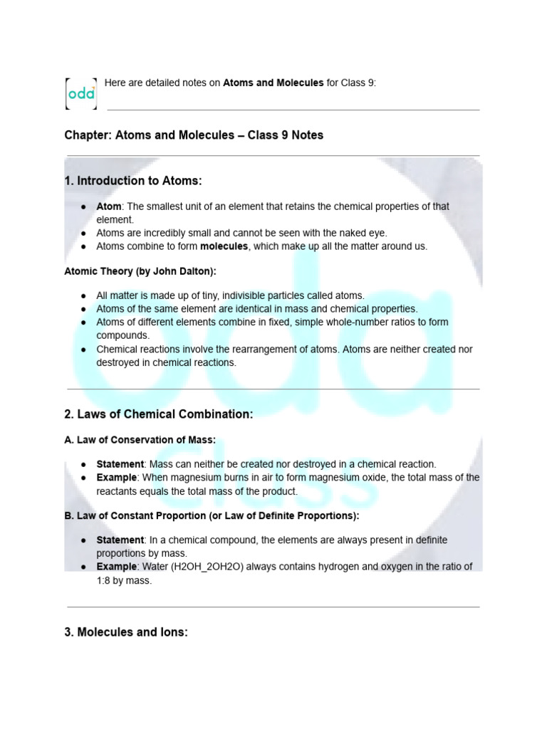 Atoms and Molecules Notes For Class 9 | PDF | Mole (Unit) | Molecules