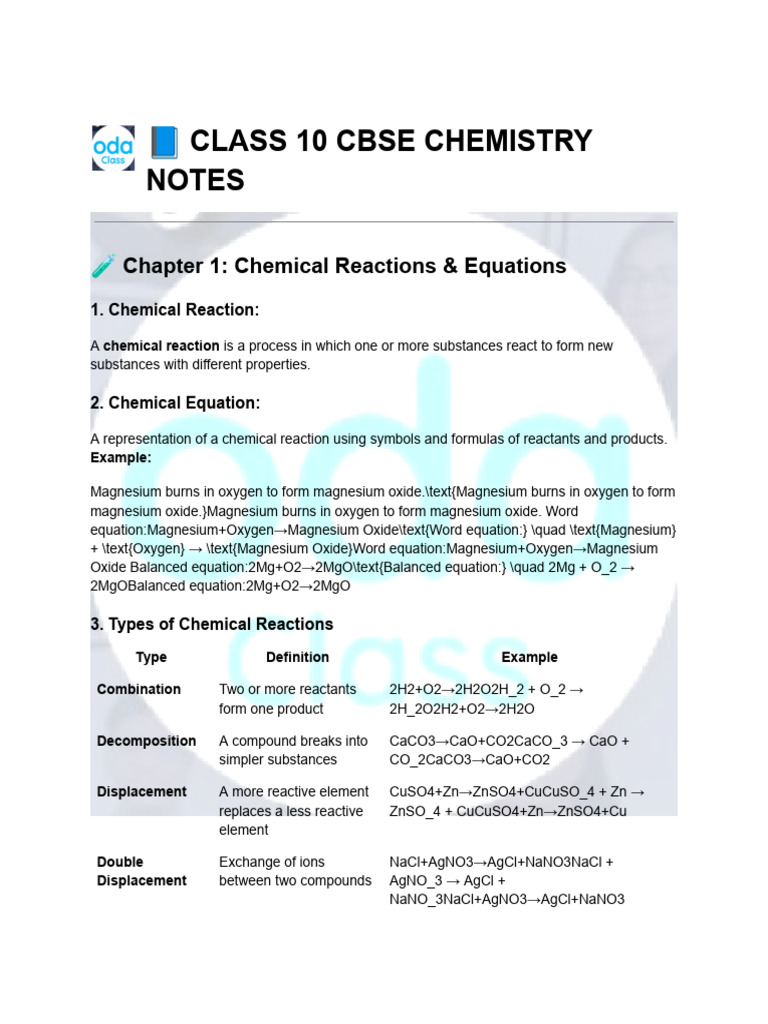 ? Class 10 Cbse Chemistry Notes | PDF | Redox | Chemical Reactions
