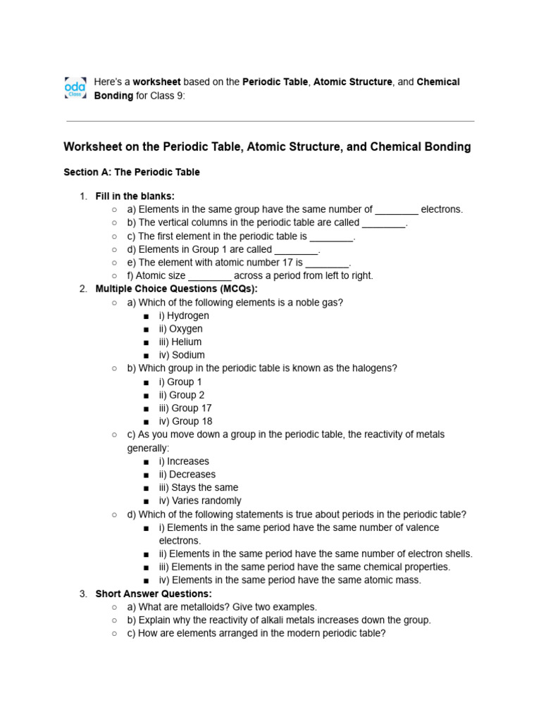 The Periodic Table, Atomic Structure, and Chemical Bonding For Class 9 ...