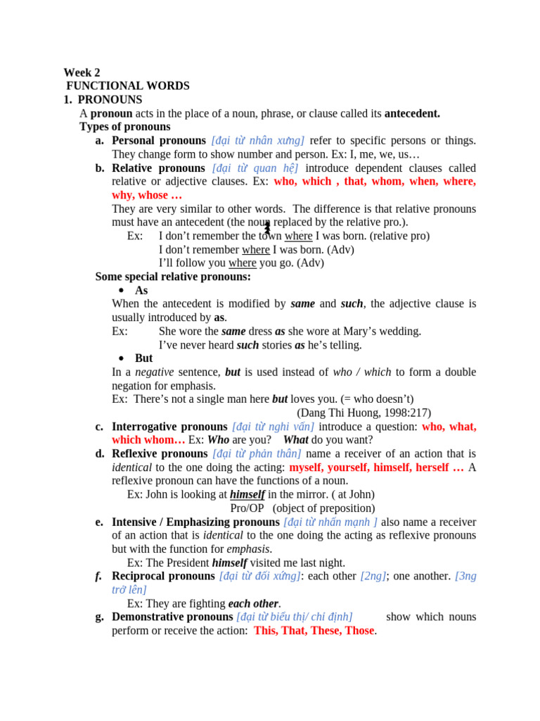 Week 2 Syntax - Functional Words | PDF | Pronoun | Part Of Speech