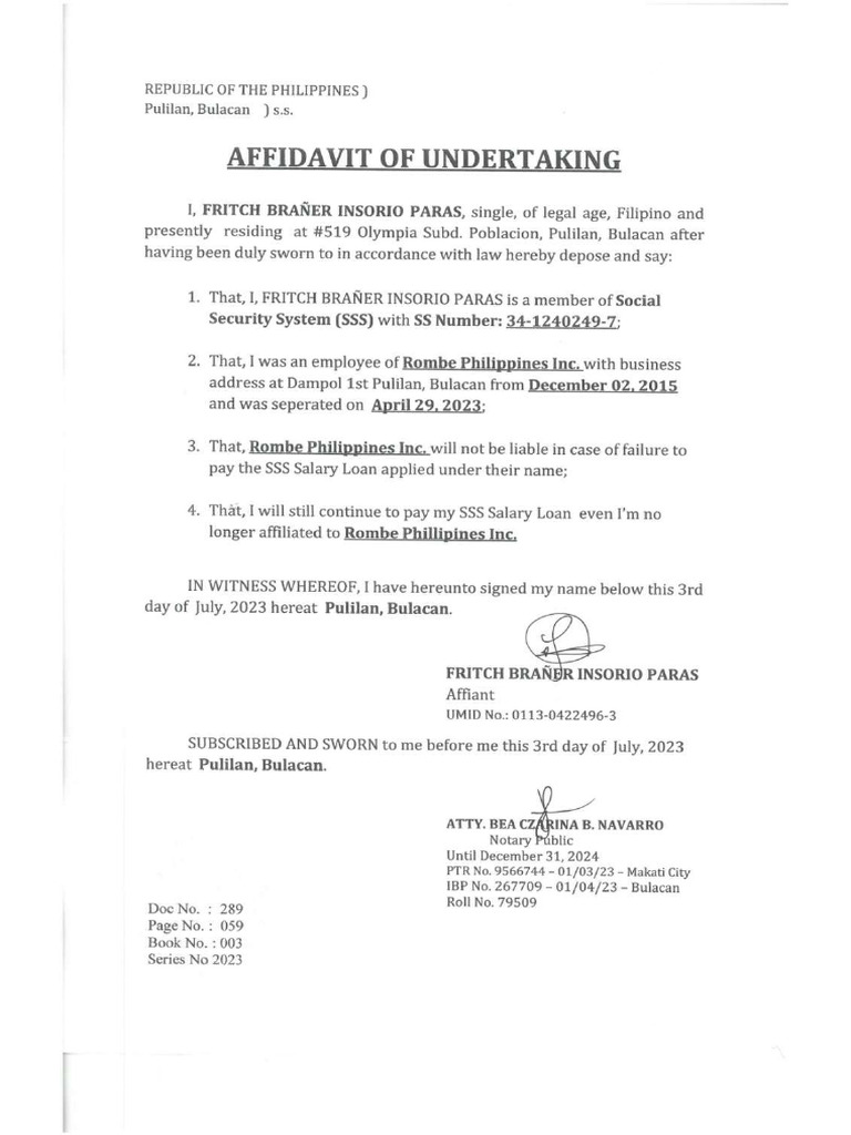 Affidavit of Undertaking Sample | PDF