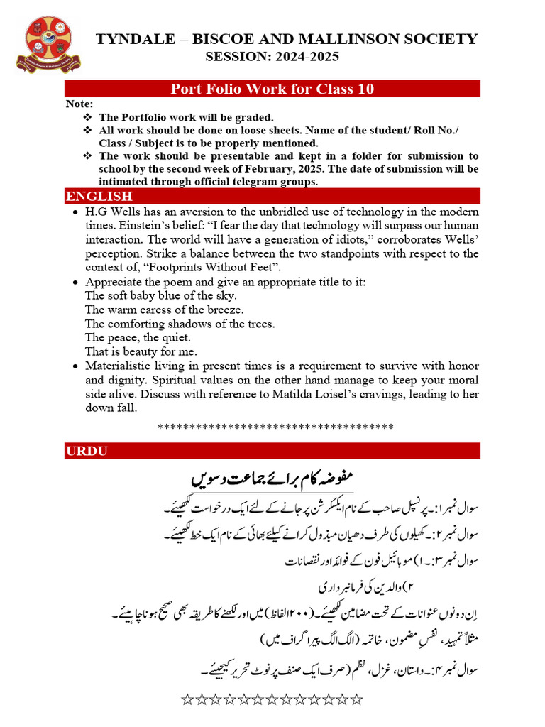 Class 10 Portfolio Work Guidelines | PDF