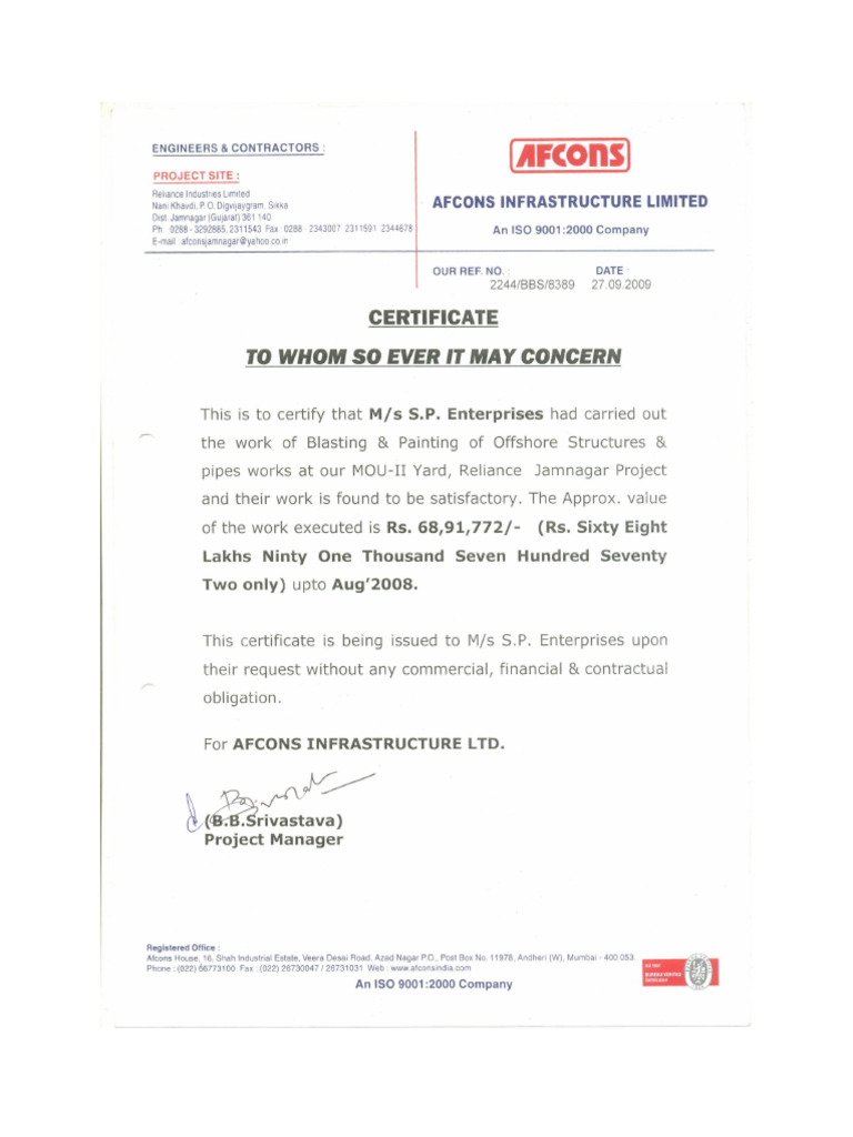 Afcons Job Completion Certificate | PDF