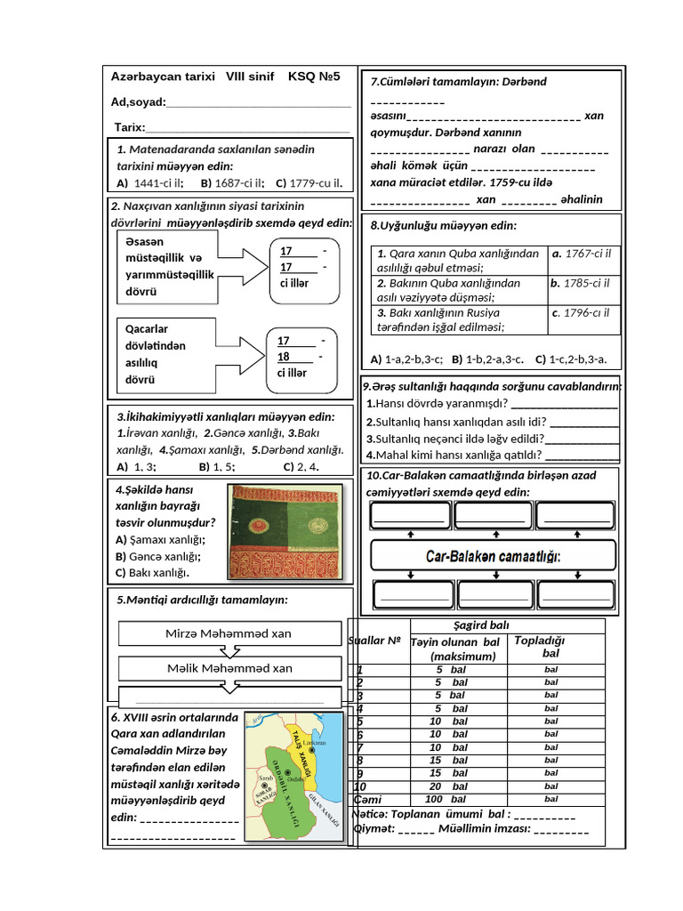 Azərbaycan tarixi VIII sinif KSQ №5 | PDF