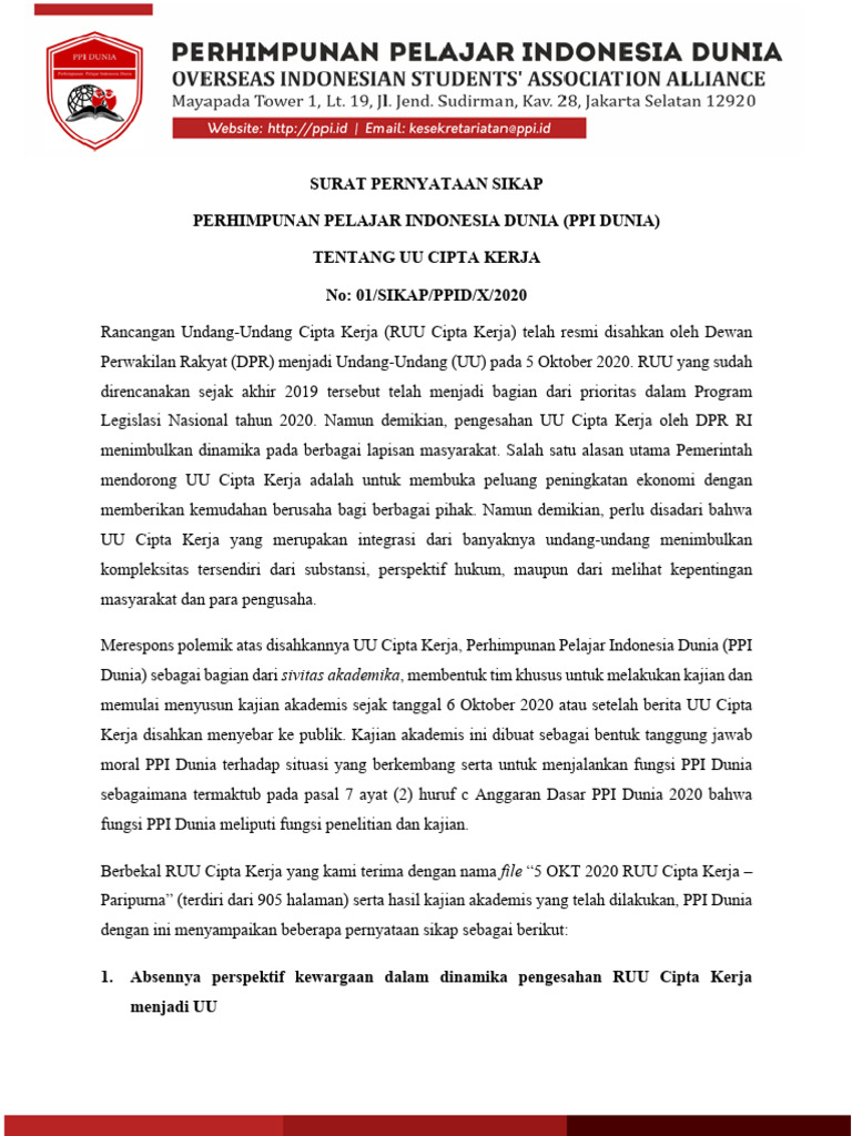 01 Surat Pernyataan Sikap PPI Dunia | PDF